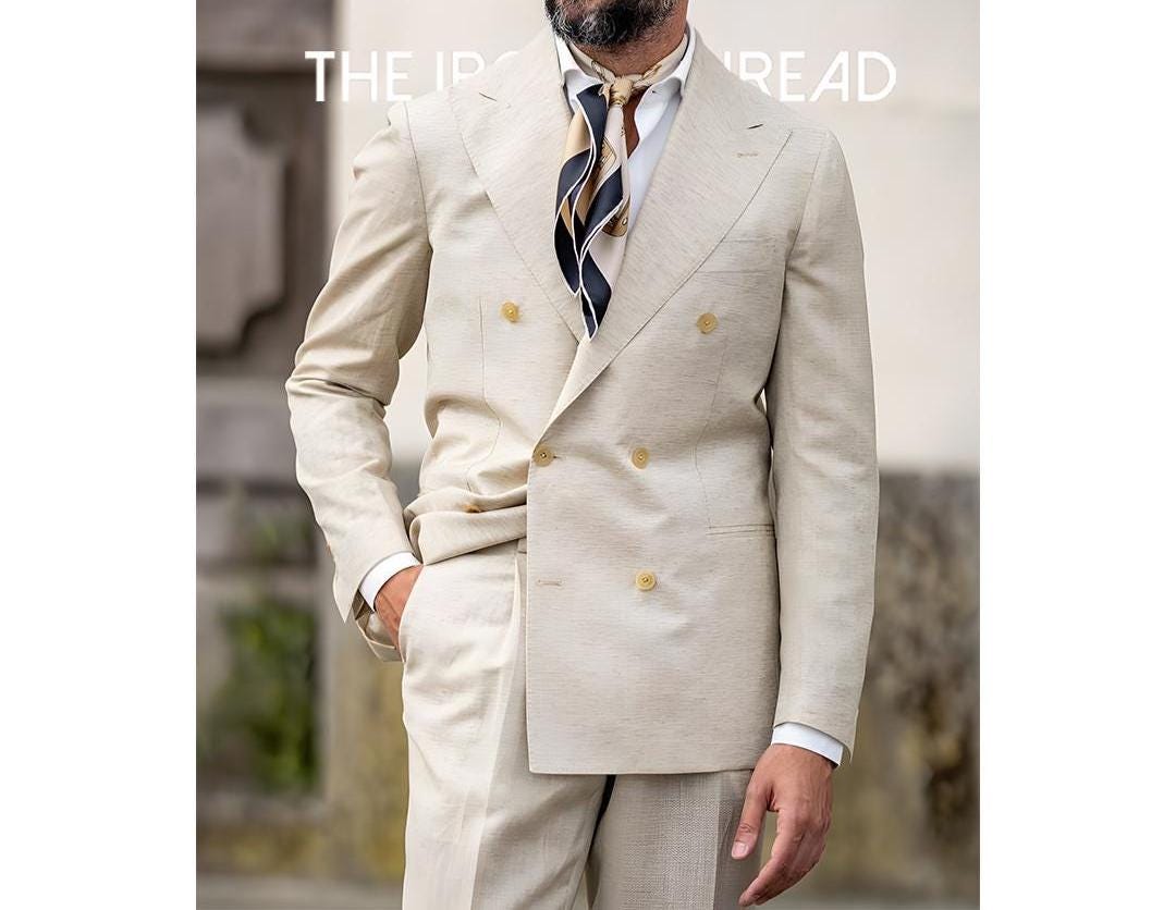Beige Linen Double-breasted Summer Suit Lightweight Slim Fit Men’s Suit ...