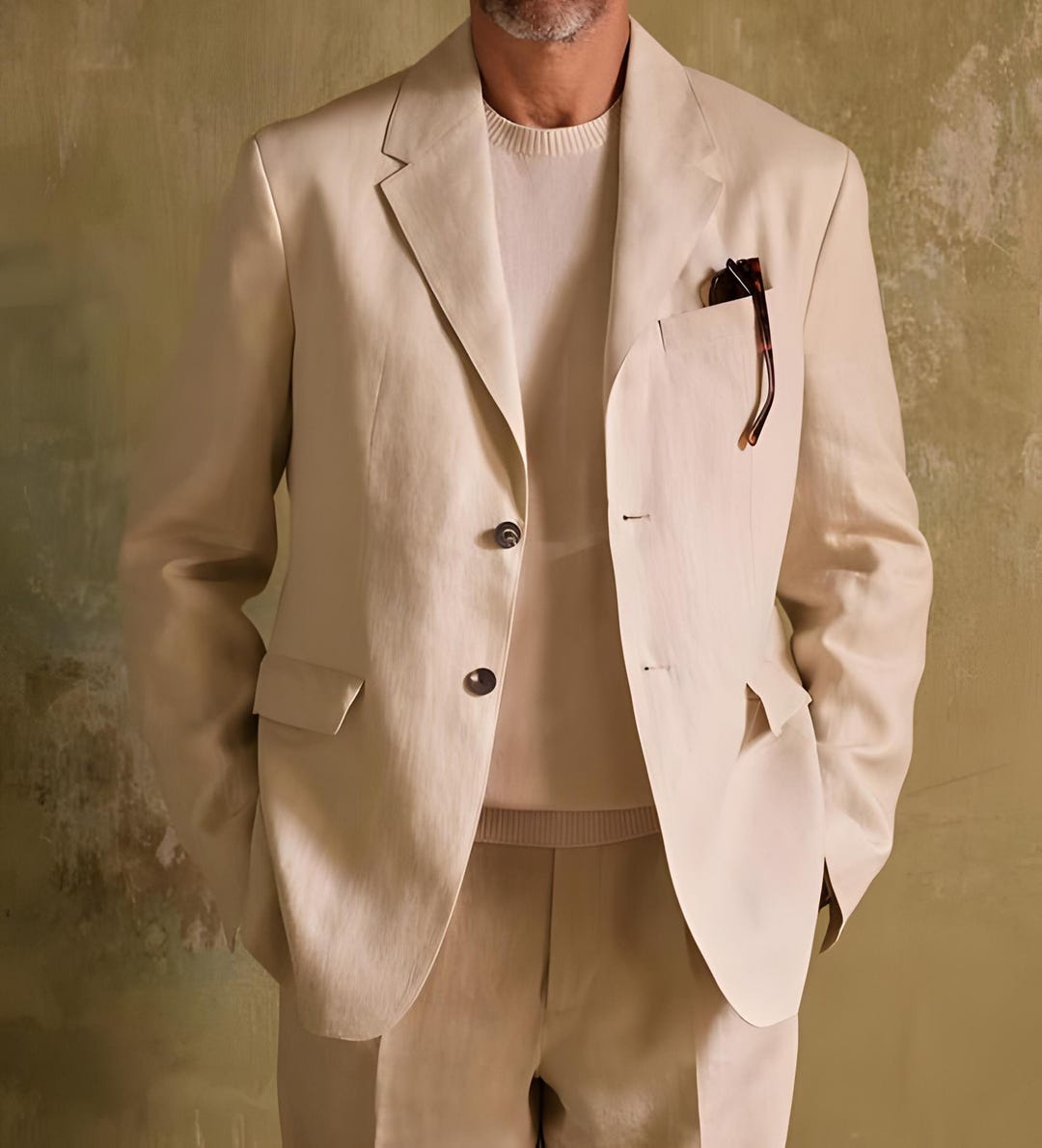 Men’s Classic Beige Two-piece Suit 2 Buttons Elegant Lightweight Suit ...