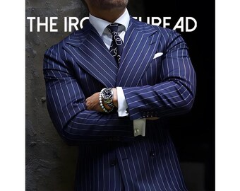 Men’s Double Breasted 2 Piece Suit Blue Pinstripe Suit 6-button Peak Lapel Wool Blend Classic ...