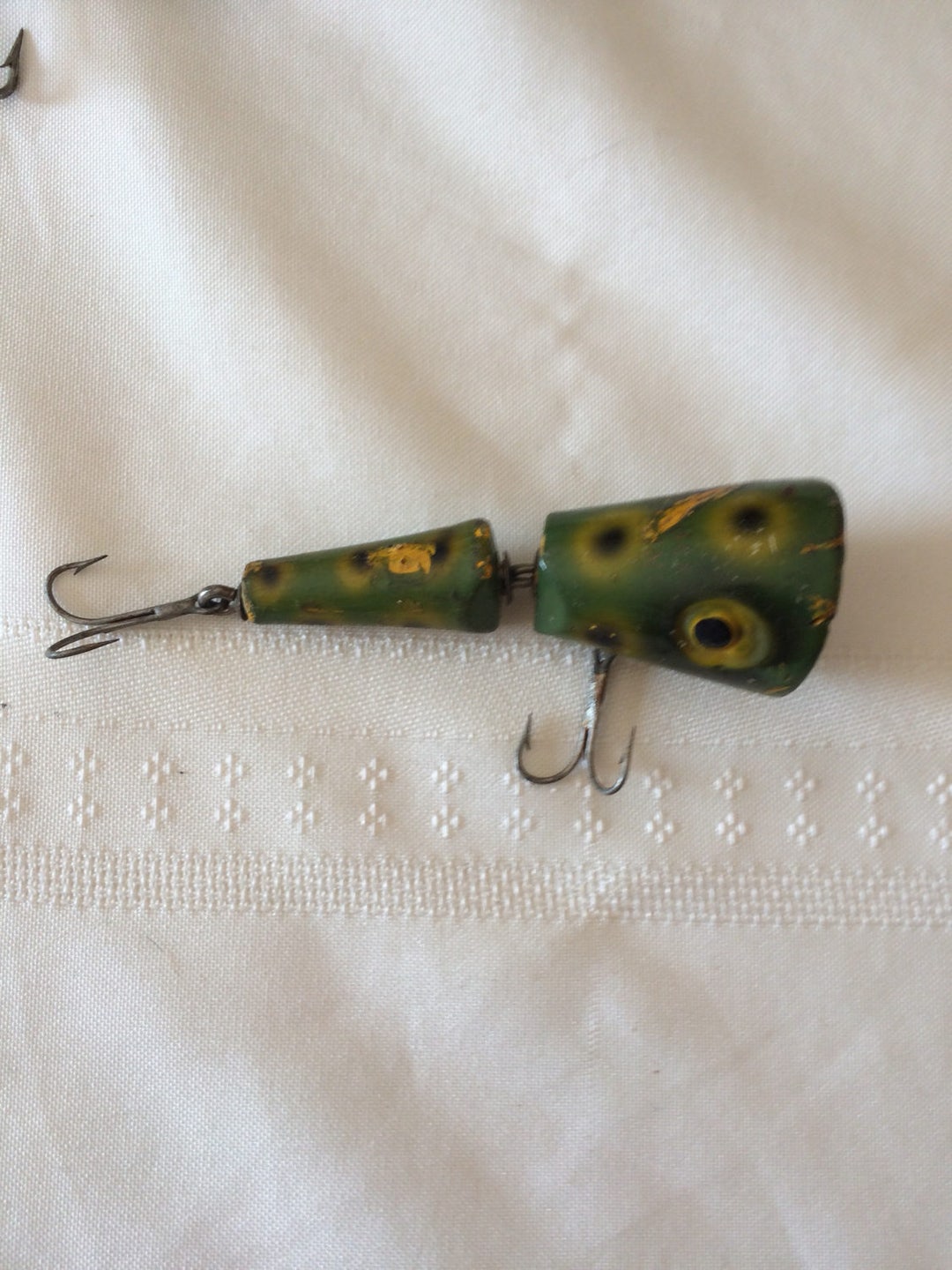 Vintage Wooden Lure Spotted Green and Yellow Wood Lure With Two Hooks ...