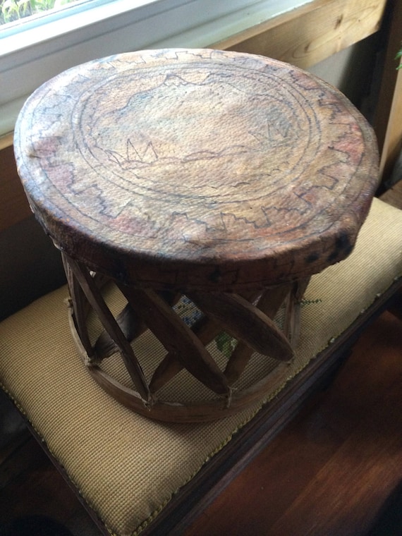 Vintage Boho Stool Leather and Wood Mountain Design - Etsy