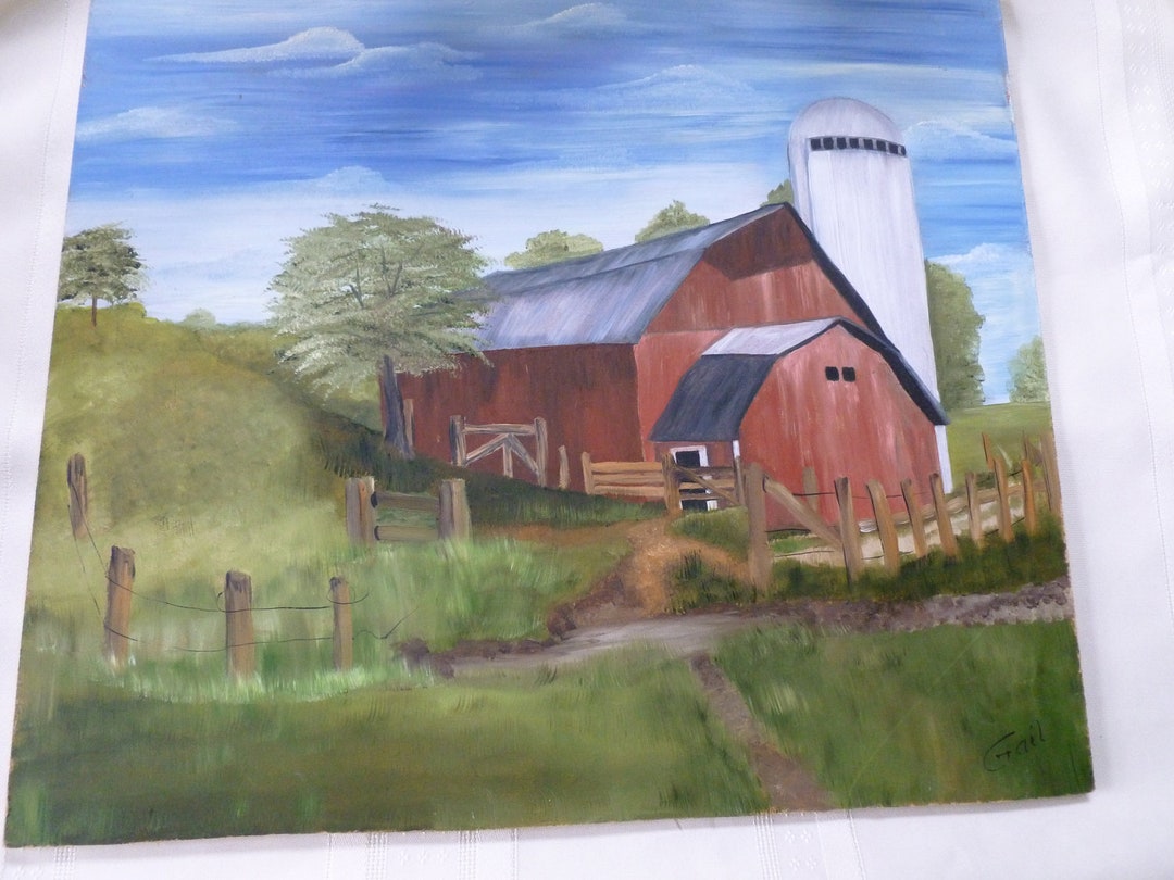 Vintage Folk Art Red Barn Farm Scene on Board - Etsy