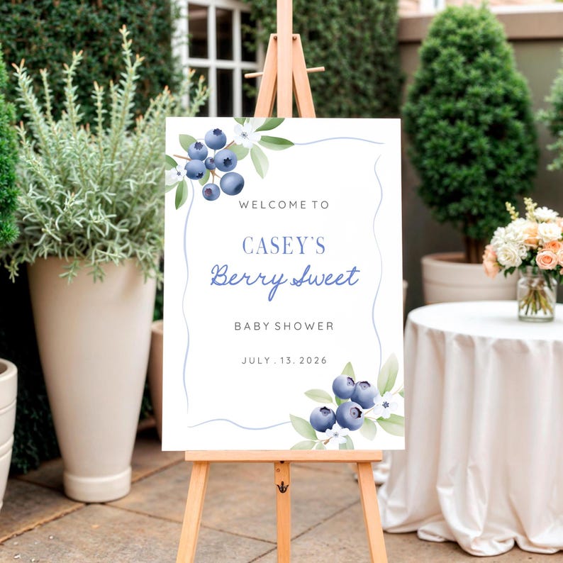Berry Sweet Baby Shower Sign, Printable Blueberry Decor (digital ...