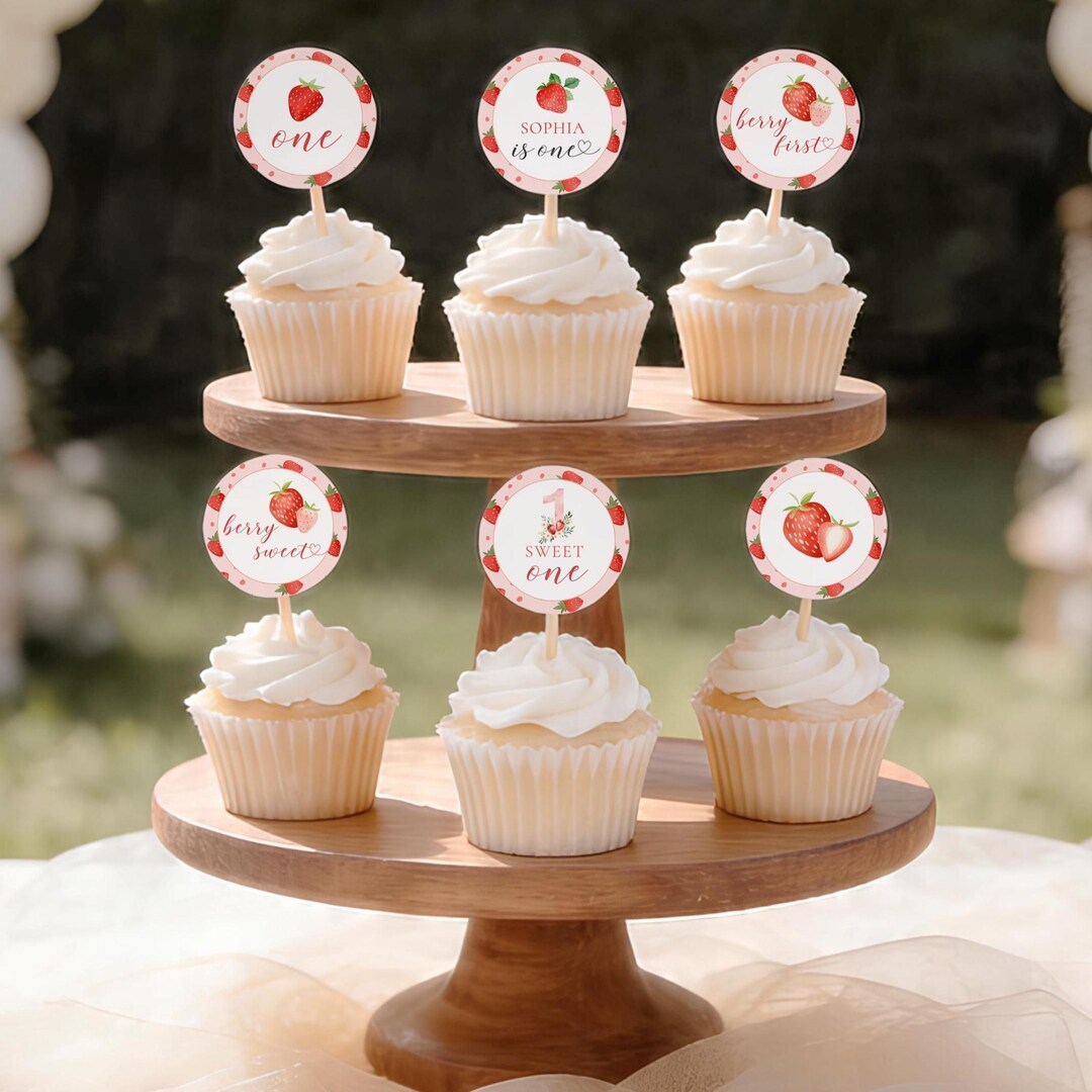 Berry First Birthday Cupcake Toppers, Strawberry 1st Party Decor ...