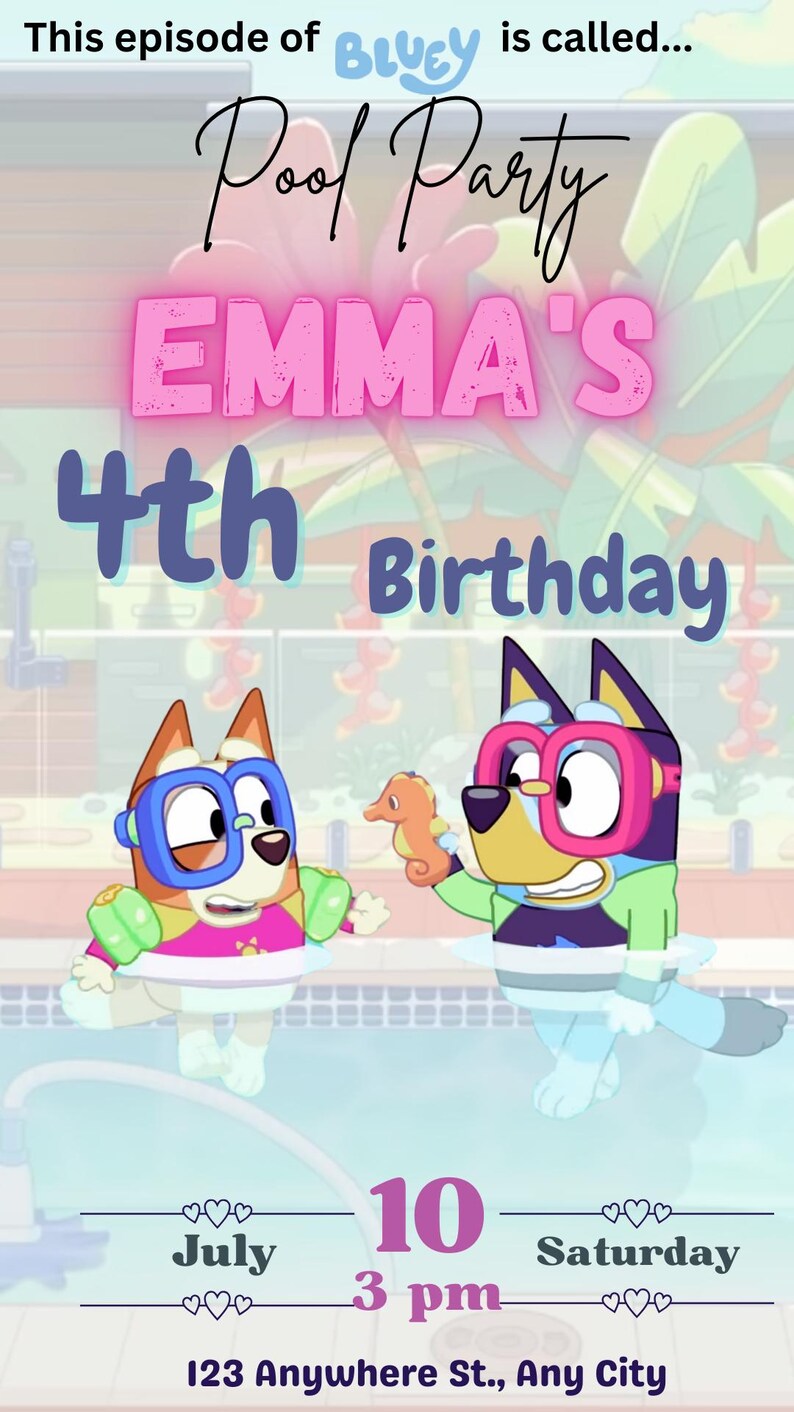 Bluey Pool Party Birthday Invitation - Editable & Instant Download - Etsy