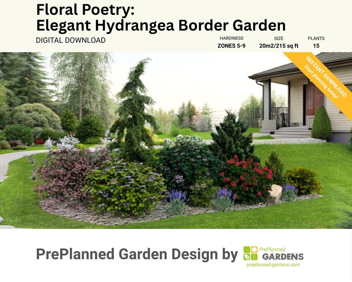 Elegant Hydrangea & Cypress Border Garden Blueprint | Year-round ...