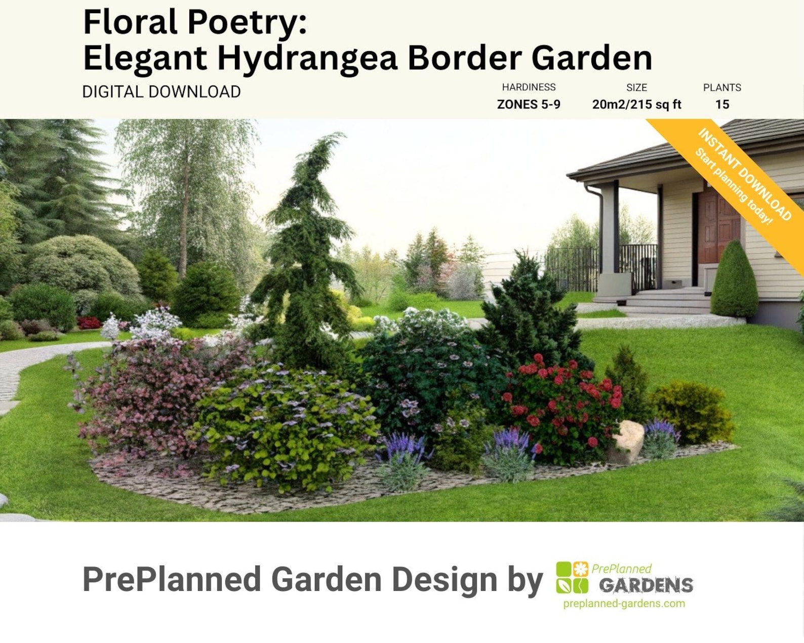 Elegant Hydrangea & Cypress Border Garden Blueprint | Year-round ...