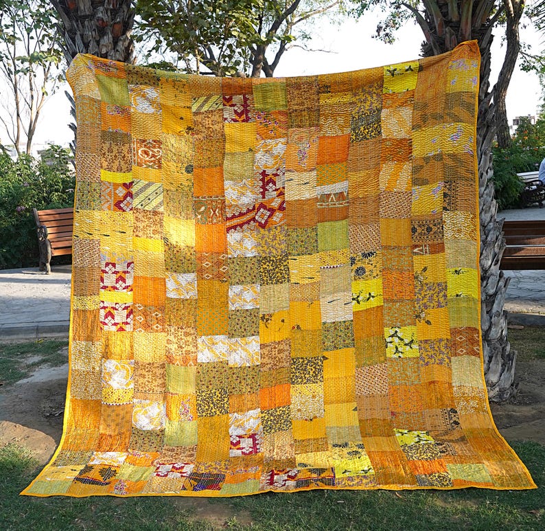 Bohemian Silk Patchwork Kantha Quilt, Handcrafted Twin Bedding (90x60 ...