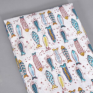 Hand Block Printed Cotton Fabric for Craft Dress Making Fish Print ...