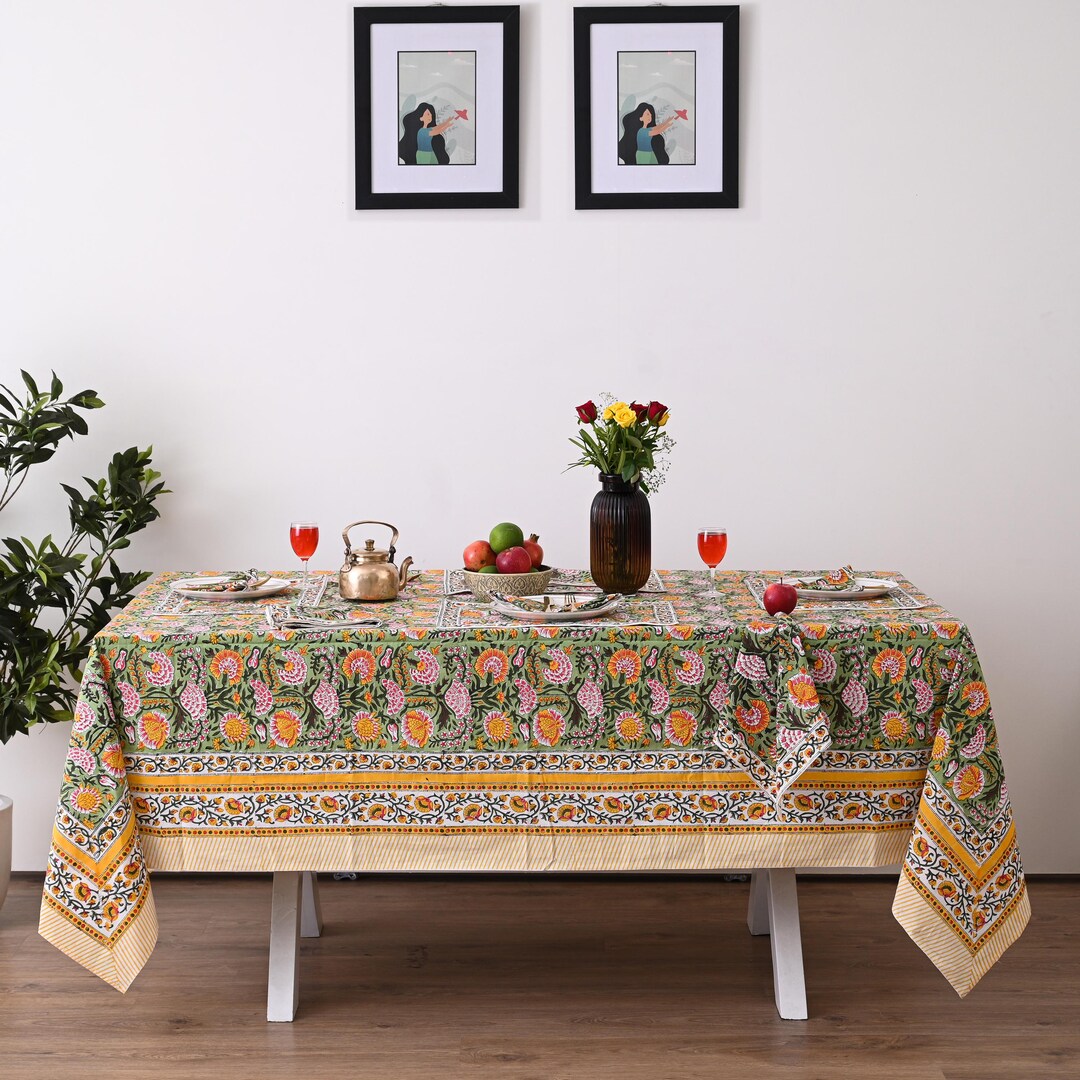 Indian Block Print Cotton Tablecloth: Green & Yellow Floral, Boho ...