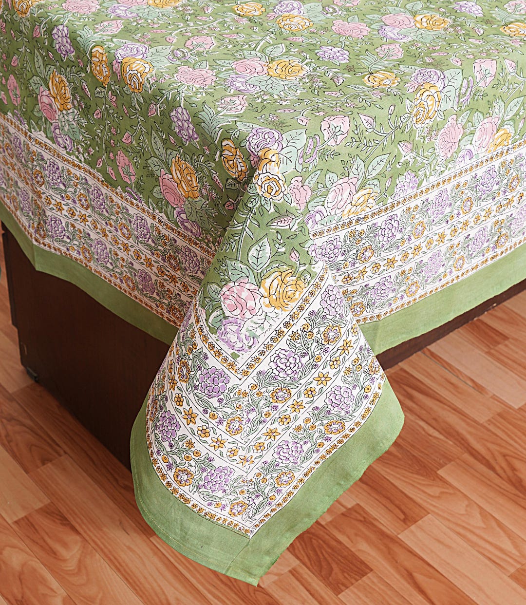 Indian Handprint Green Flower Block Print Tablecloth Cotton Table Cover ...