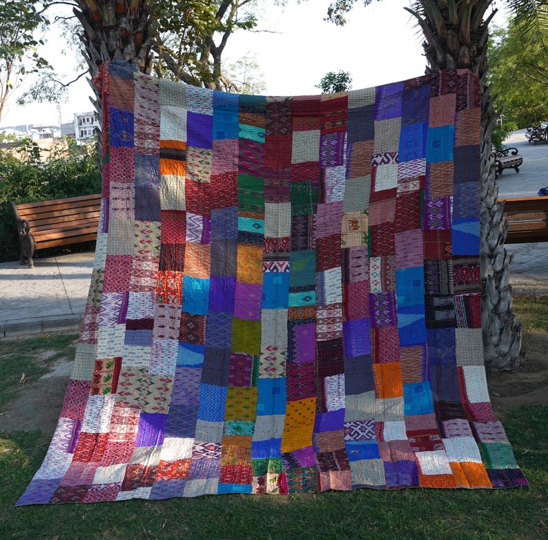 Bohemian Silk Patchwork Kantha Quilt, Handcrafted Twin Bedding (90x60 ...