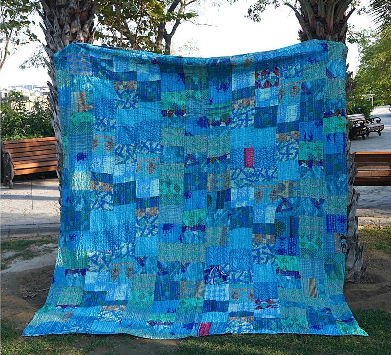 Bohemian Silk Patchwork Kantha Quilt, Handcrafted Twin Bedding (90x60 ...