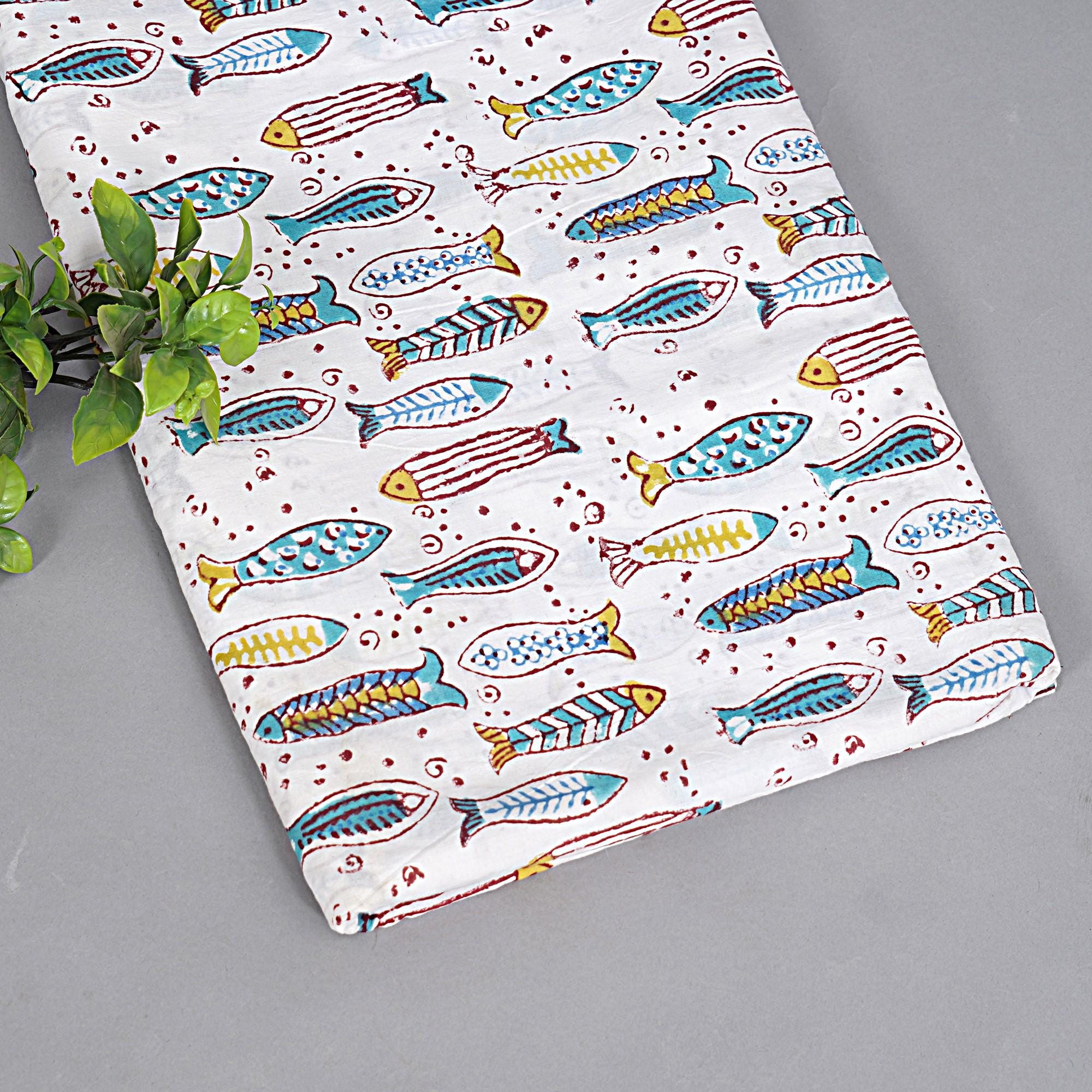 Hand Block Printed Cotton Fabric for Craft Dress Making Fish Print ...