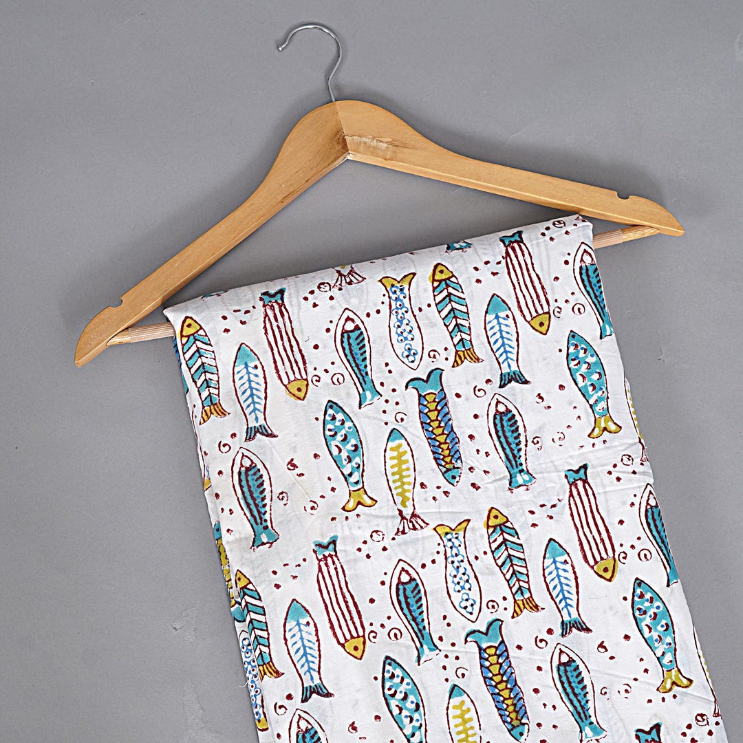 Hand Block Printed Cotton Fabric for Craft Dress Making Fish Print ...