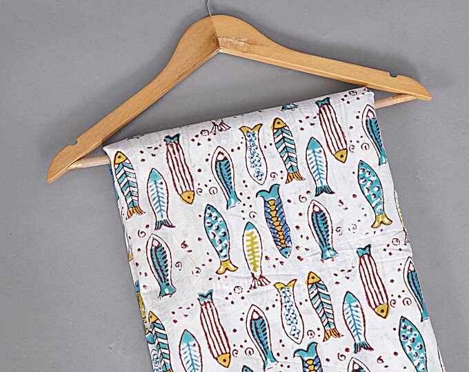 Hand Block Printed Cotton Fabric: Fish Print, Vegetable Dyed, Indian ...
