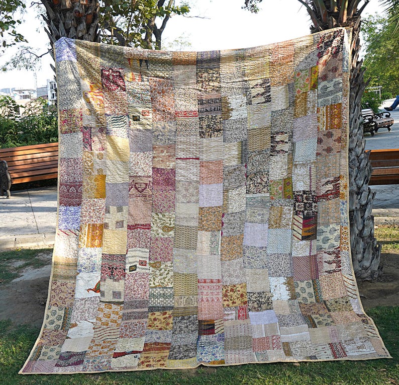 Bohemian Silk Patchwork Kantha Quilt, Handcrafted Twin Bedding (90x60 ...