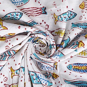 Hand Block Printed Cotton Fabric for Craft Dress Making Fish Print ...