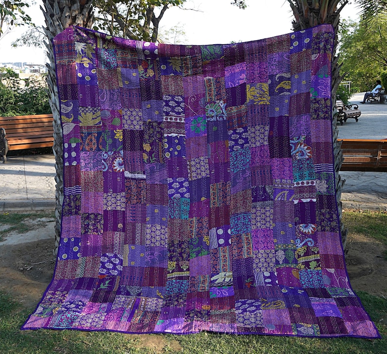 Bohemian Silk Patchwork Kantha Quilt, Handcrafted Twin Bedding (90x60 ...