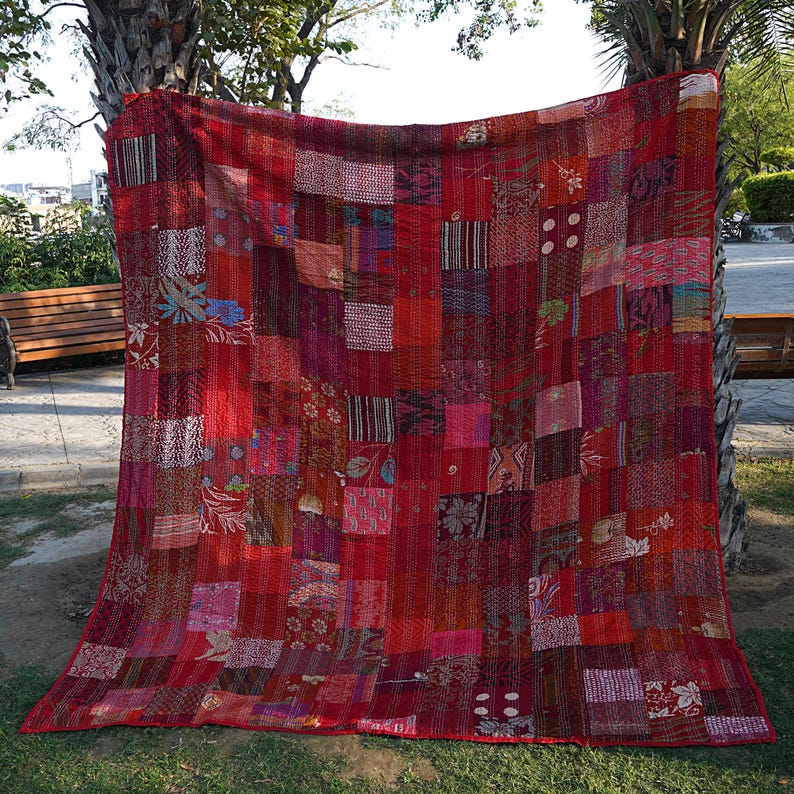 Bohemian Silk Patchwork Kantha Quilt, Handcrafted Twin Bedding (90x60 ...