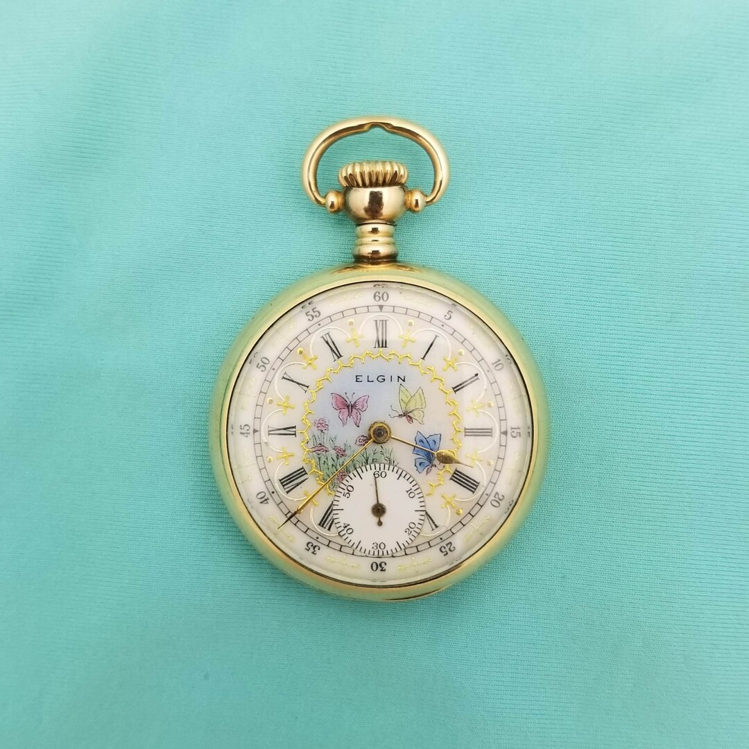 ELGIN Butterflies Floral Filigree Pocket Watch W/ Stopwatch, Vintage ...
