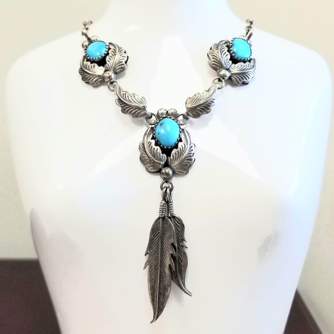 Native American Inspired Silver Leaves Turquoise Necklace-925-sterling ...