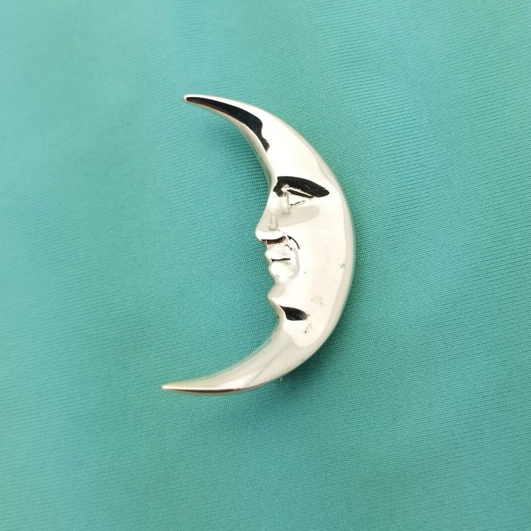 Vintage Sterling Silver Crescent Moon Face Pin-1980s-hollow-1 1/4 ...