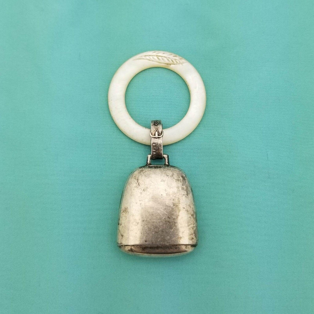 Antique 1940 Sterling Silver Bell Baby Rattle With Mother of Pearl ...