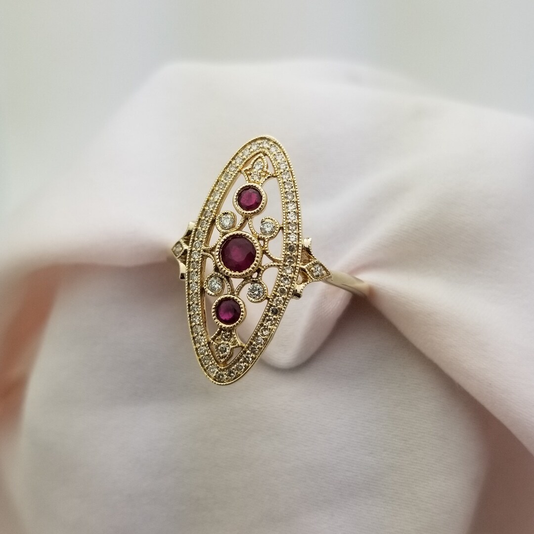 10K Yellow Gold Ruby & Diamond Filigree Ring. Estate, Size 9.75, 1 Long ...