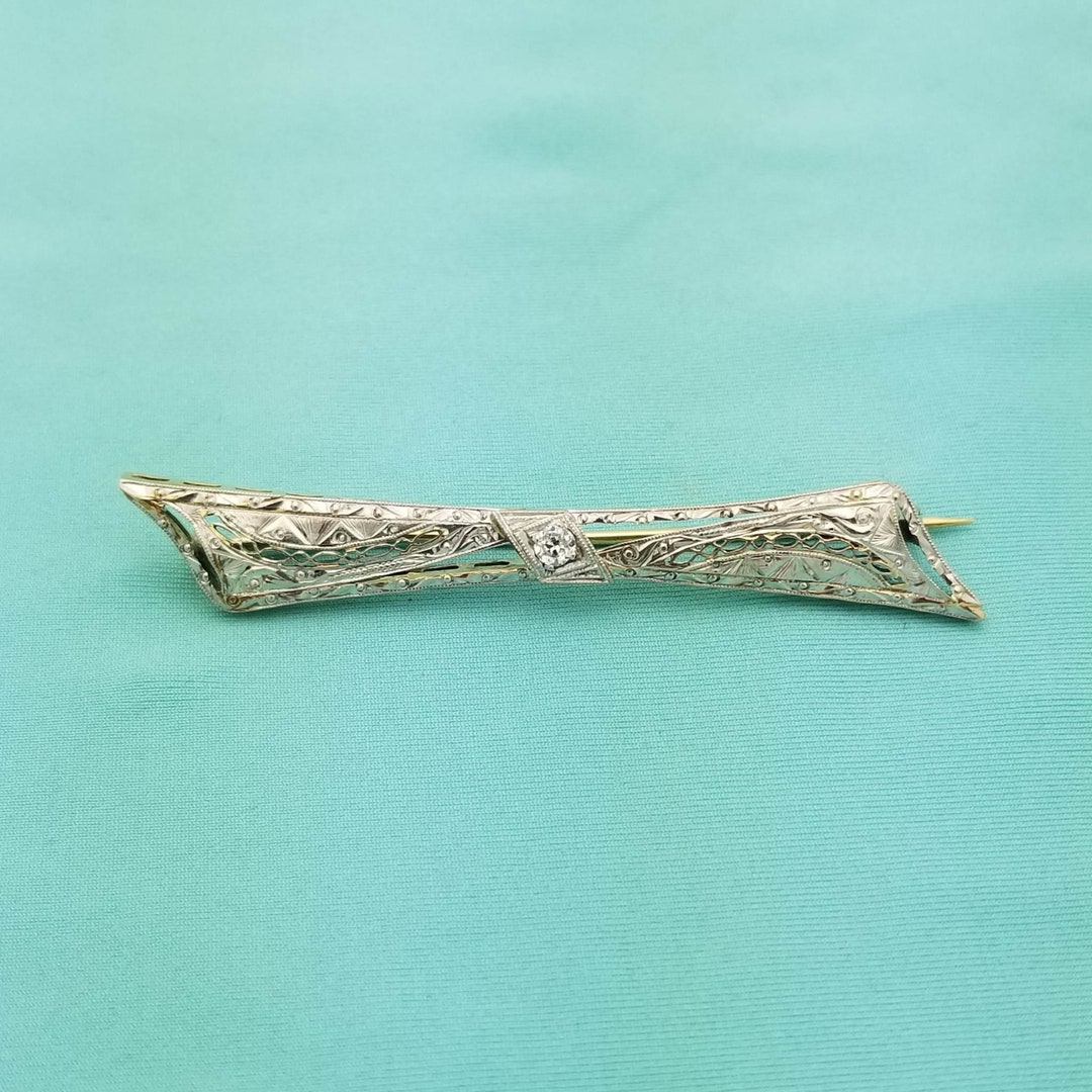 14K Two-tone Gold Bar Pin With Diamond - .10 Carat - Art Nouveau ...