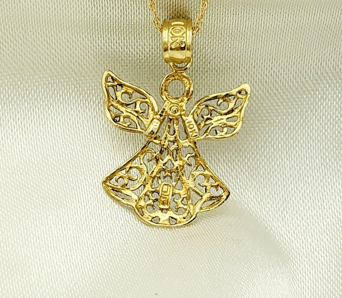 10K Filigree Angel Necklace-yellow and White Gold-diamond Cut-18''chain ...
