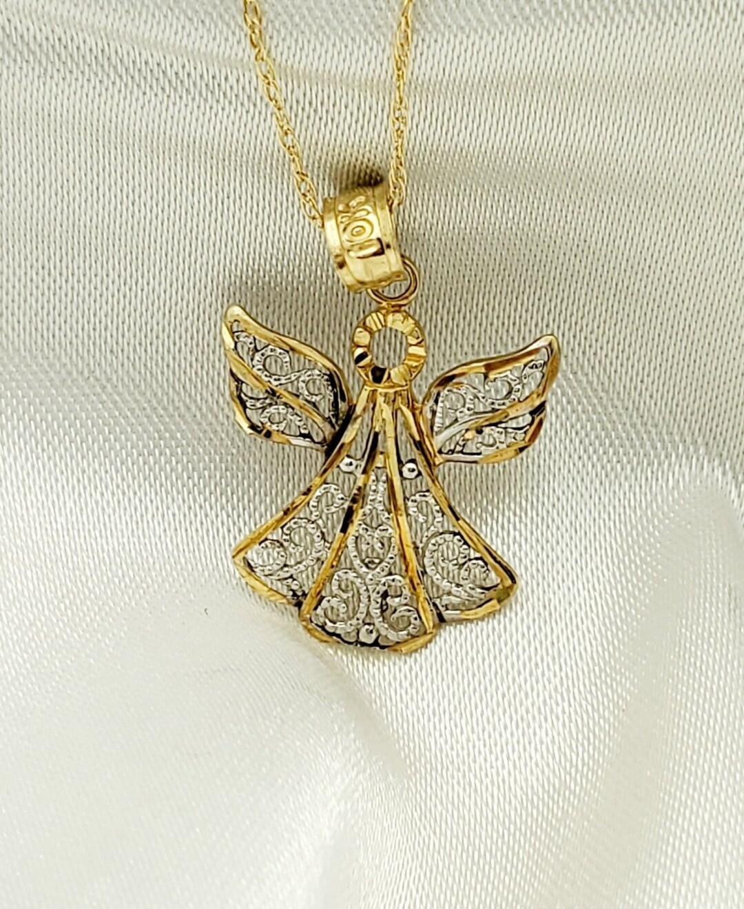 10K Filigree Angel Necklace-yellow and White Gold-diamond Cut-18''chain ...