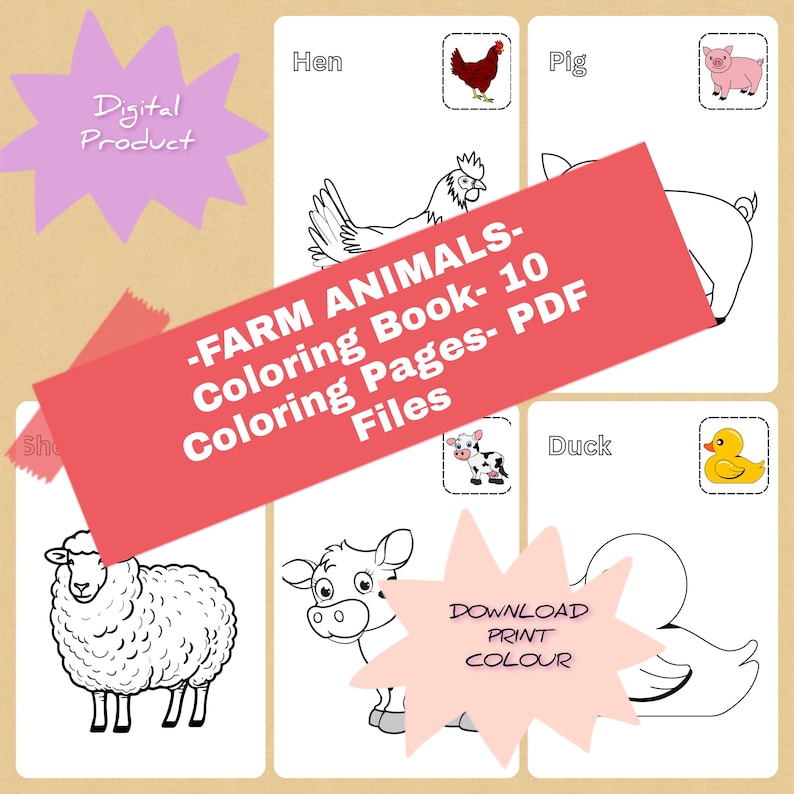 Farm Animals Coloring Book - 10 Printable Coloring Pages - Cute Farm ...