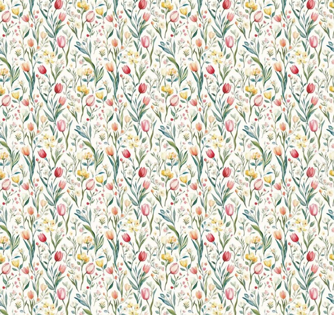 Spring Garden Floral Cotton Fabric Watercolor Tulip & Wildflower Print ...
