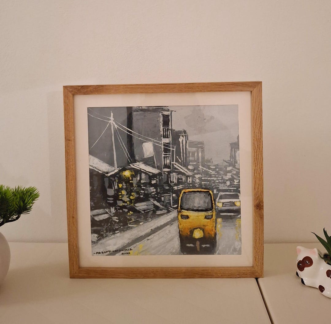 Lagos Street Scene Painting – Framed Wall Art, Yellow Keke Marwa in ...