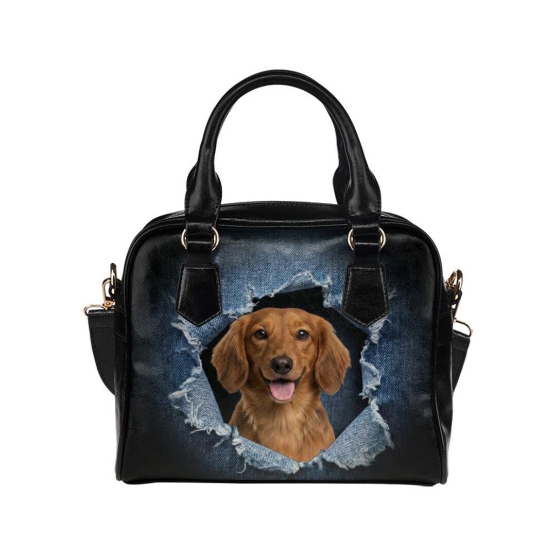 Dachshund Handbag, Ripped Denim Print Shoulder Bag, Wiener Dog Mom Gift ...