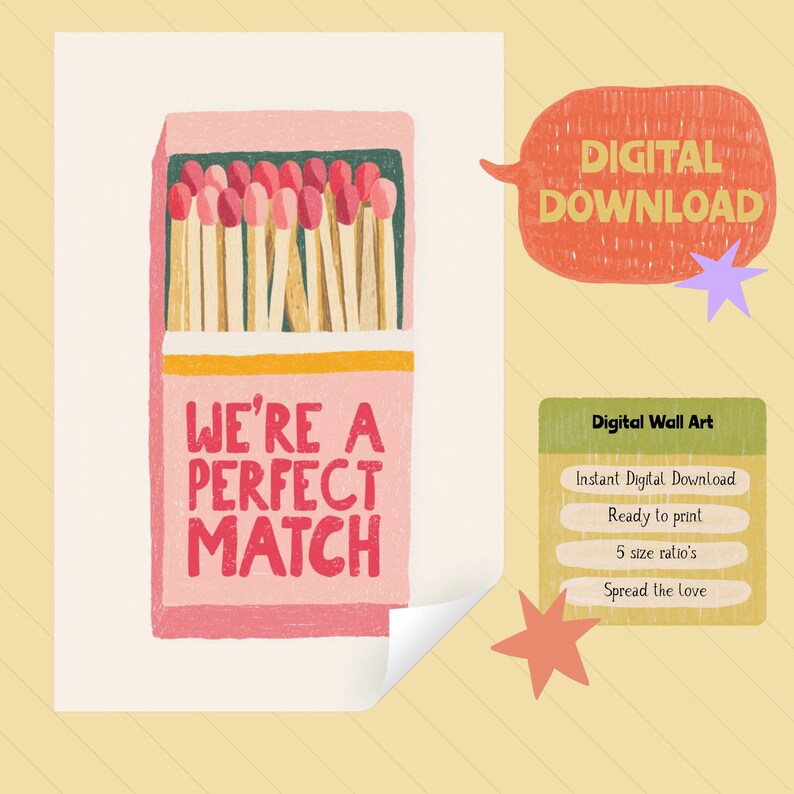 Dopamine Wall Art Print, We're a Match, Colorful Matchbox Design ...