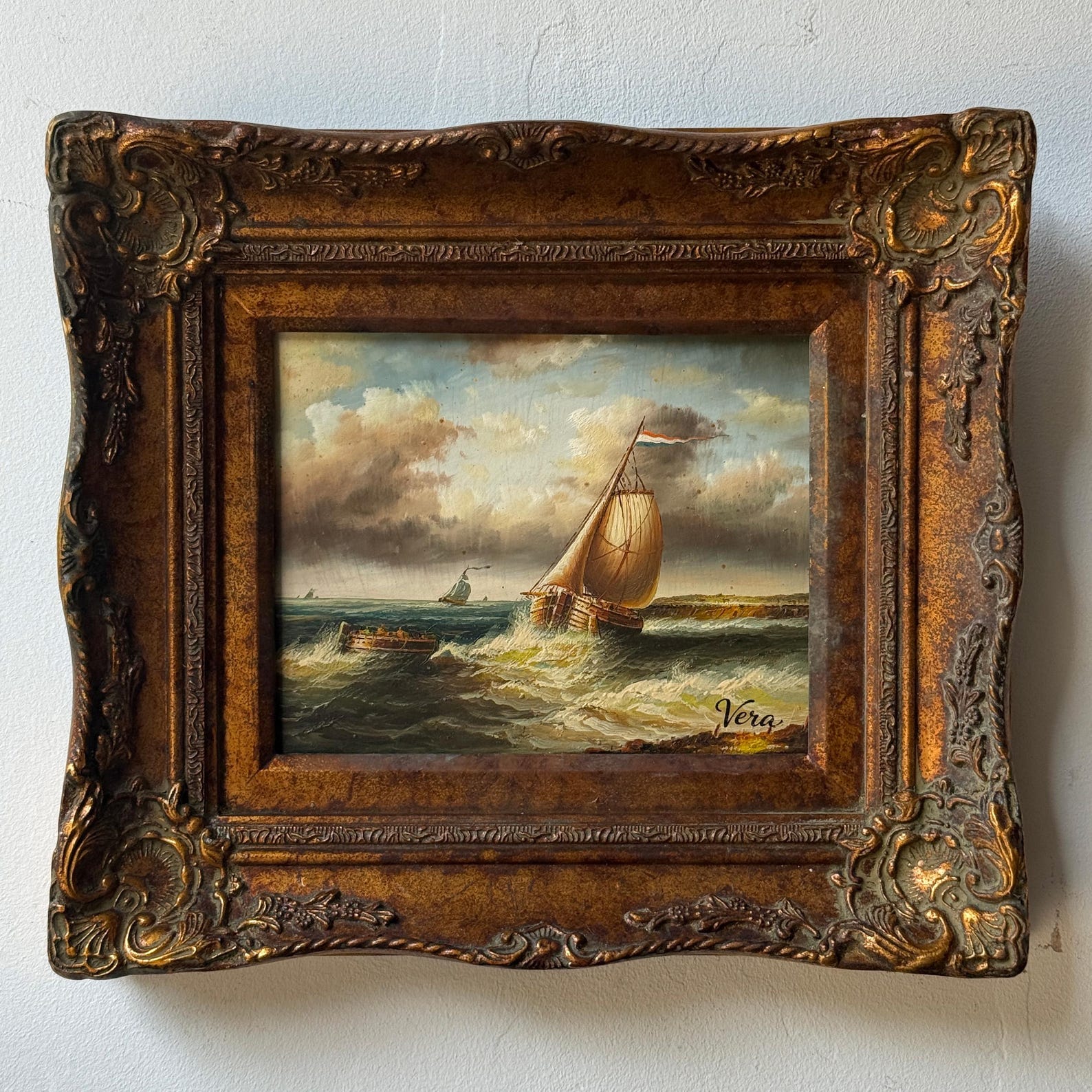 Original Vintage Oil Painting – Stormy Seascape With Sailing Ships by ...