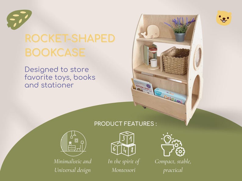 Personalized Rocket Bookshelf: Waxed Kids Rotating Bookcase With ...