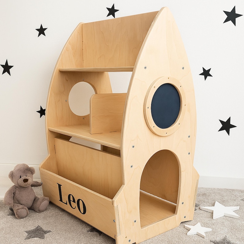 Personalized Rocket Bookshelf: Waxed Kids Rotating Bookcase With ...