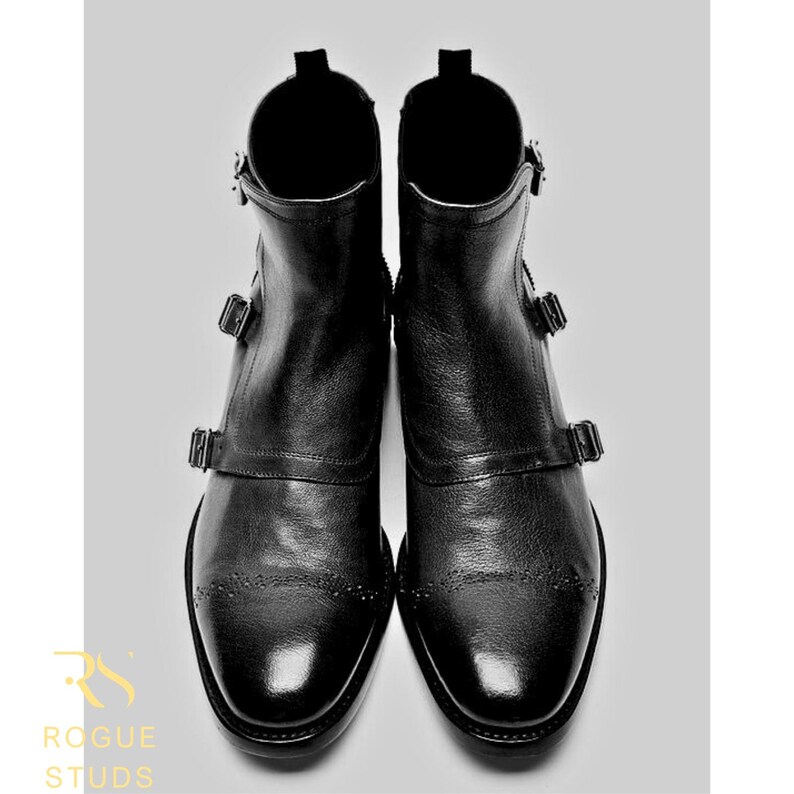 Rogue Studs Handmade Men’s Black Triple Monk Strap Boots | Genuine ...
