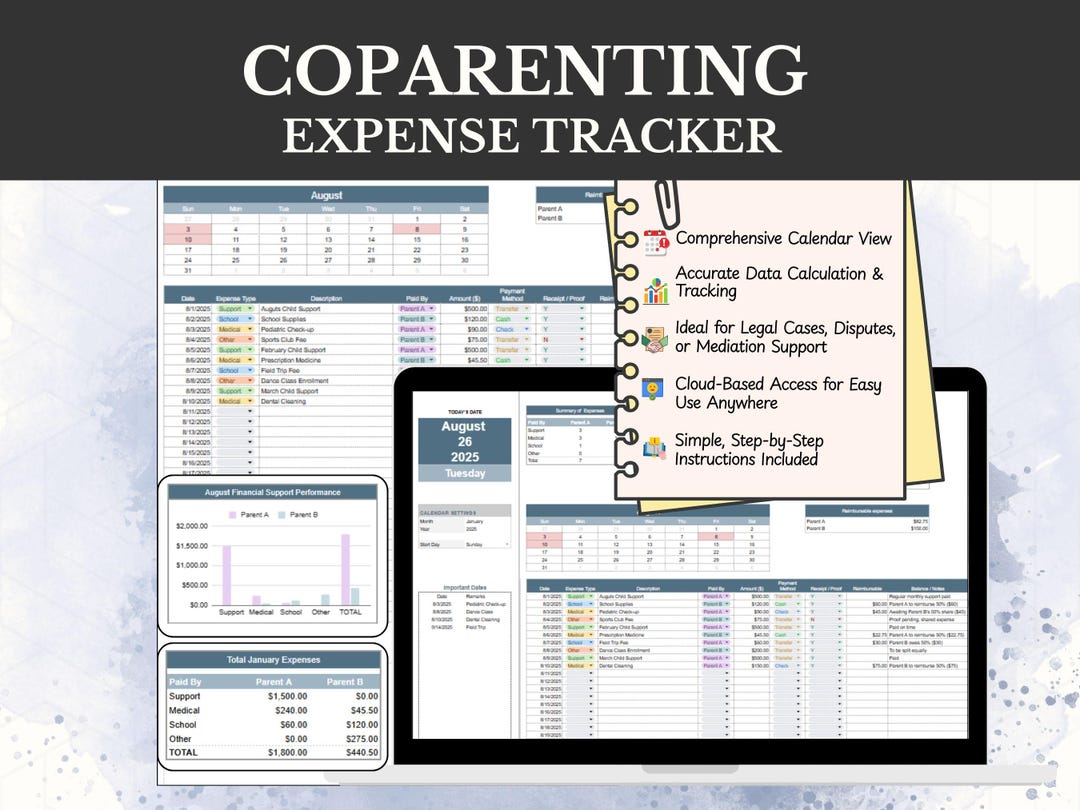 Child Custody Expense Tracker Calendar, Co-parenting Monthly Logsheet ...