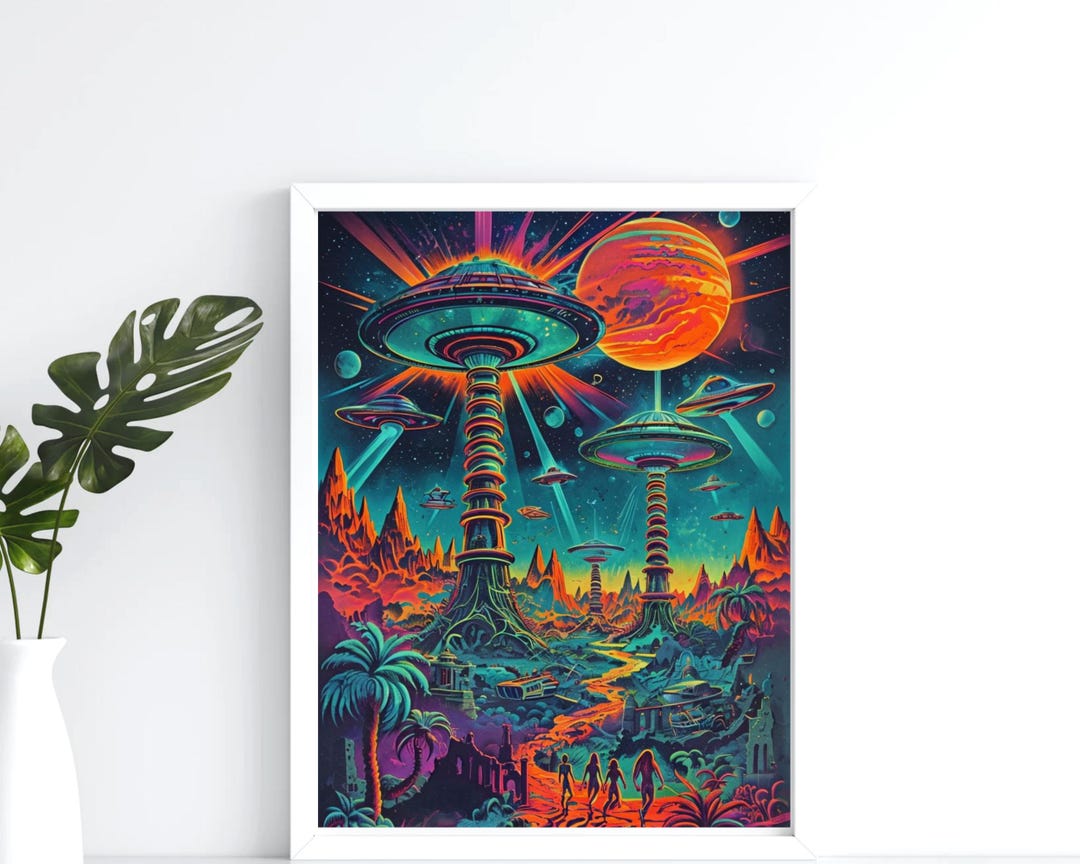 Psychedelic Alien Planet Poster – Trippy Sci-fi Wall Art Print, Neon ...