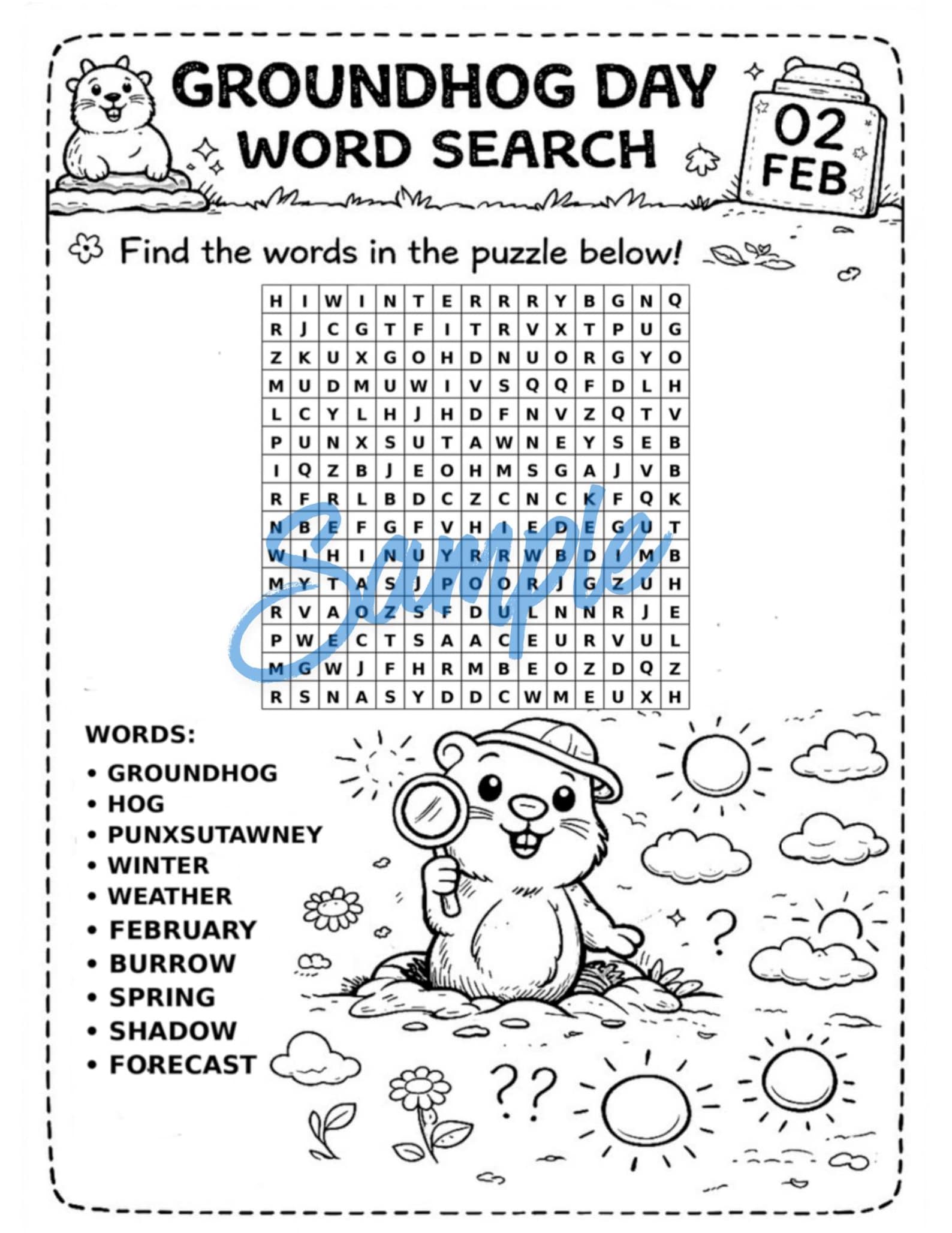Groundhogs Day Word Search, Printable, Instant Download, PDF| Answer ...