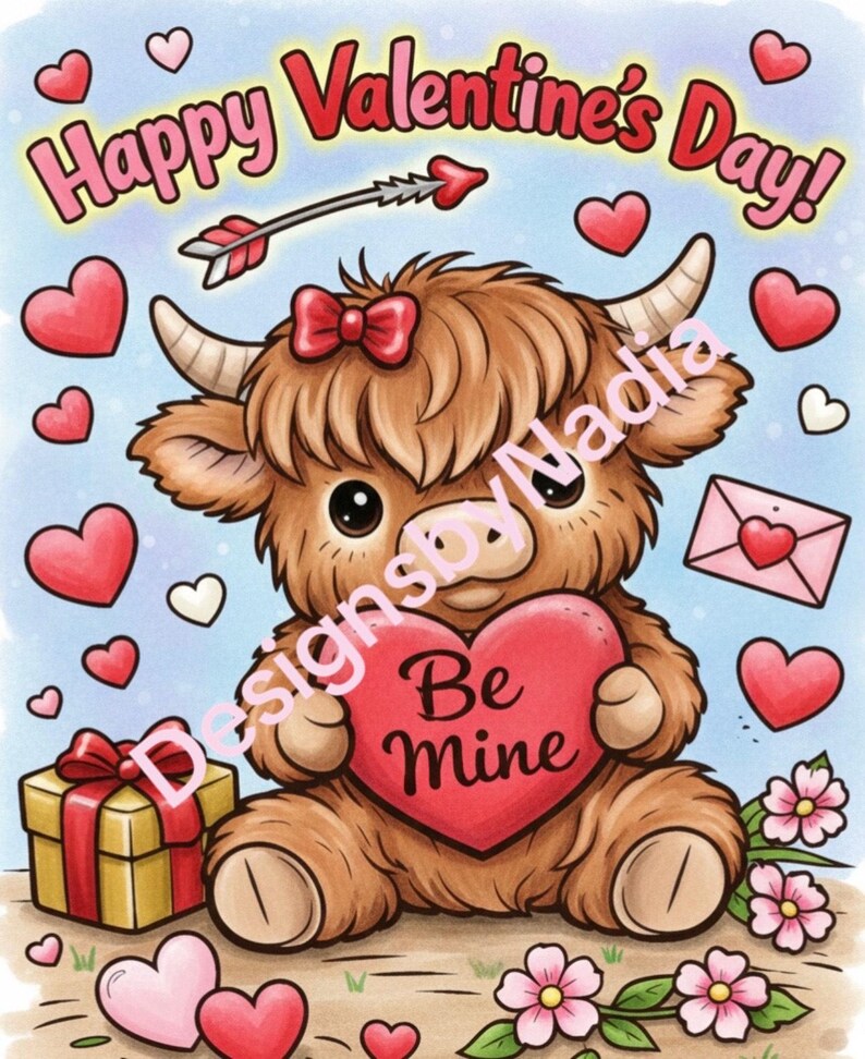 Valentine Highland Cow Coloring Pages | Printable Kids & Adults PDF ...