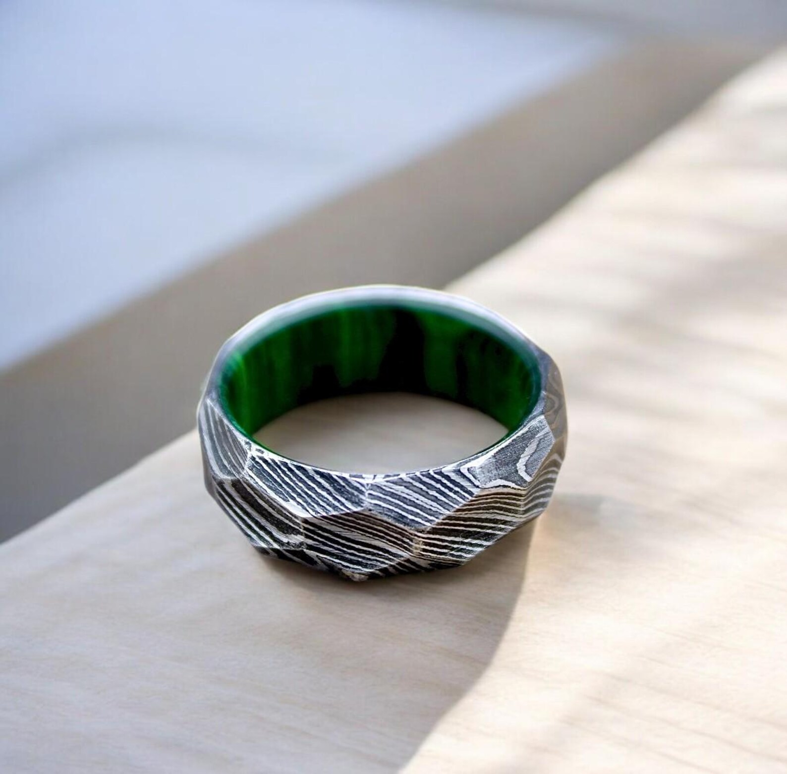 Damascus Steel Rock Hammered Diamond Cut Damascus Wood Wedding Band Men ...