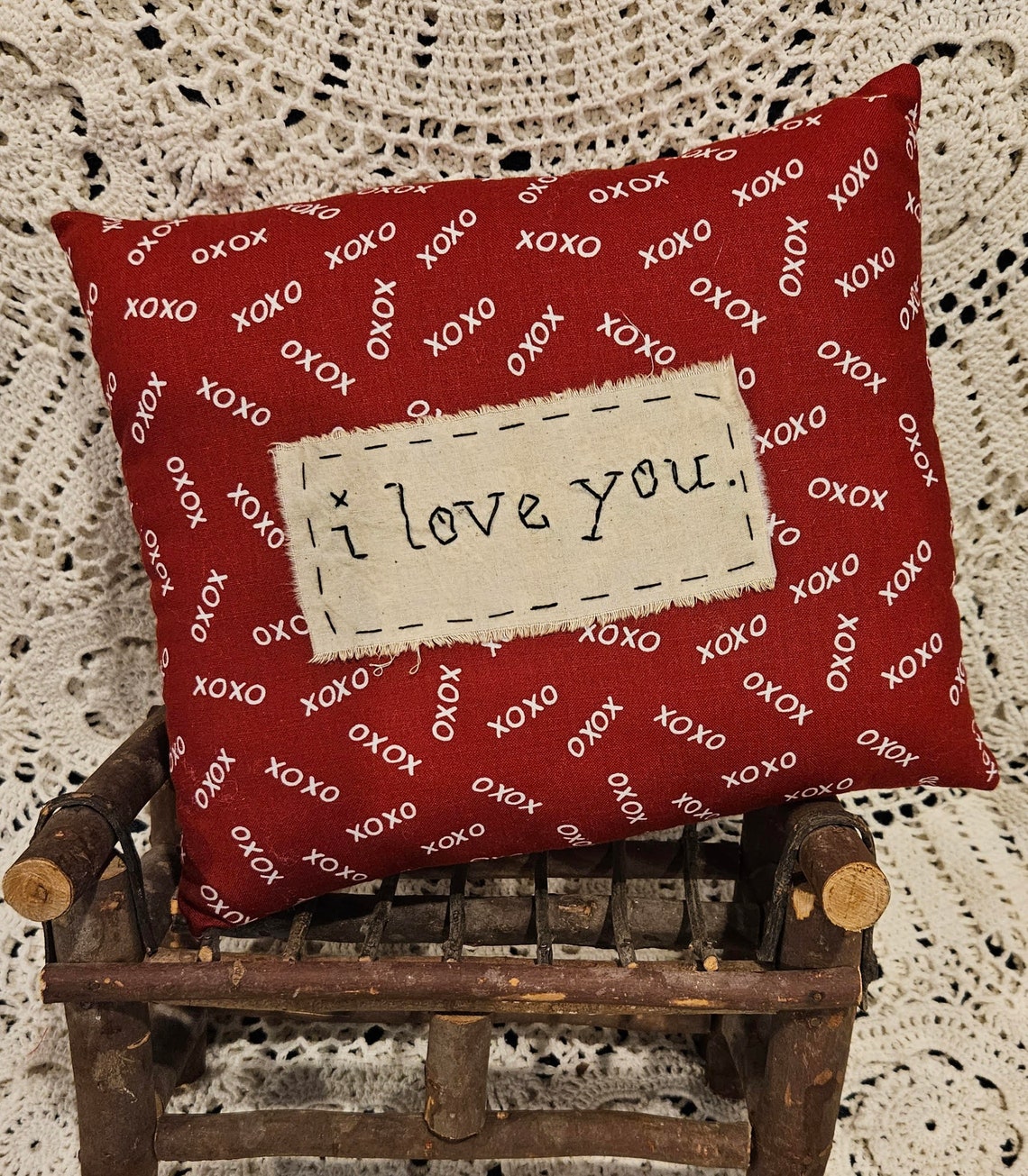 I Love You Primitive Stitchery Valentine Pillow, Farmhouse Decor ...