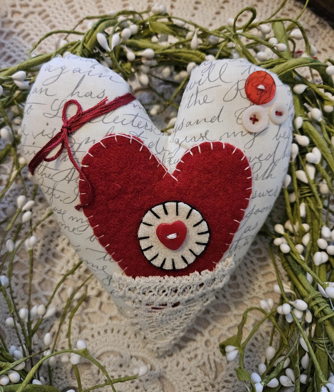 Script Fabric Hanging Heart Made With Vintage Buttons, Lace and Wool ...