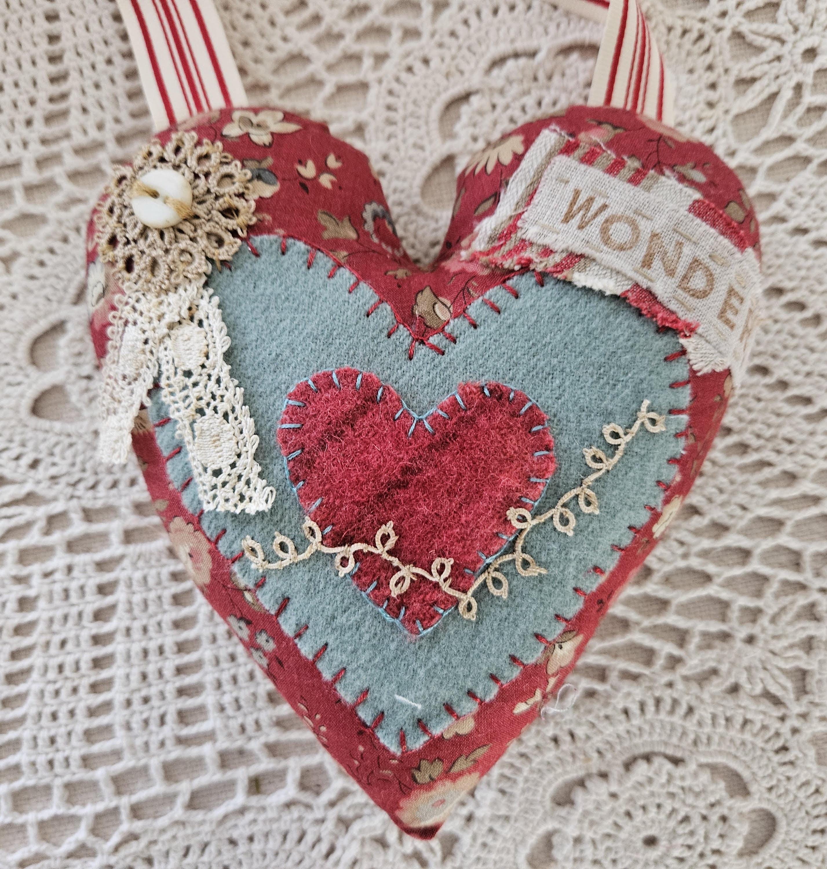 Fabric Hanging Heart Made With Vintage Linen, Buttons, Lace and Wool ...