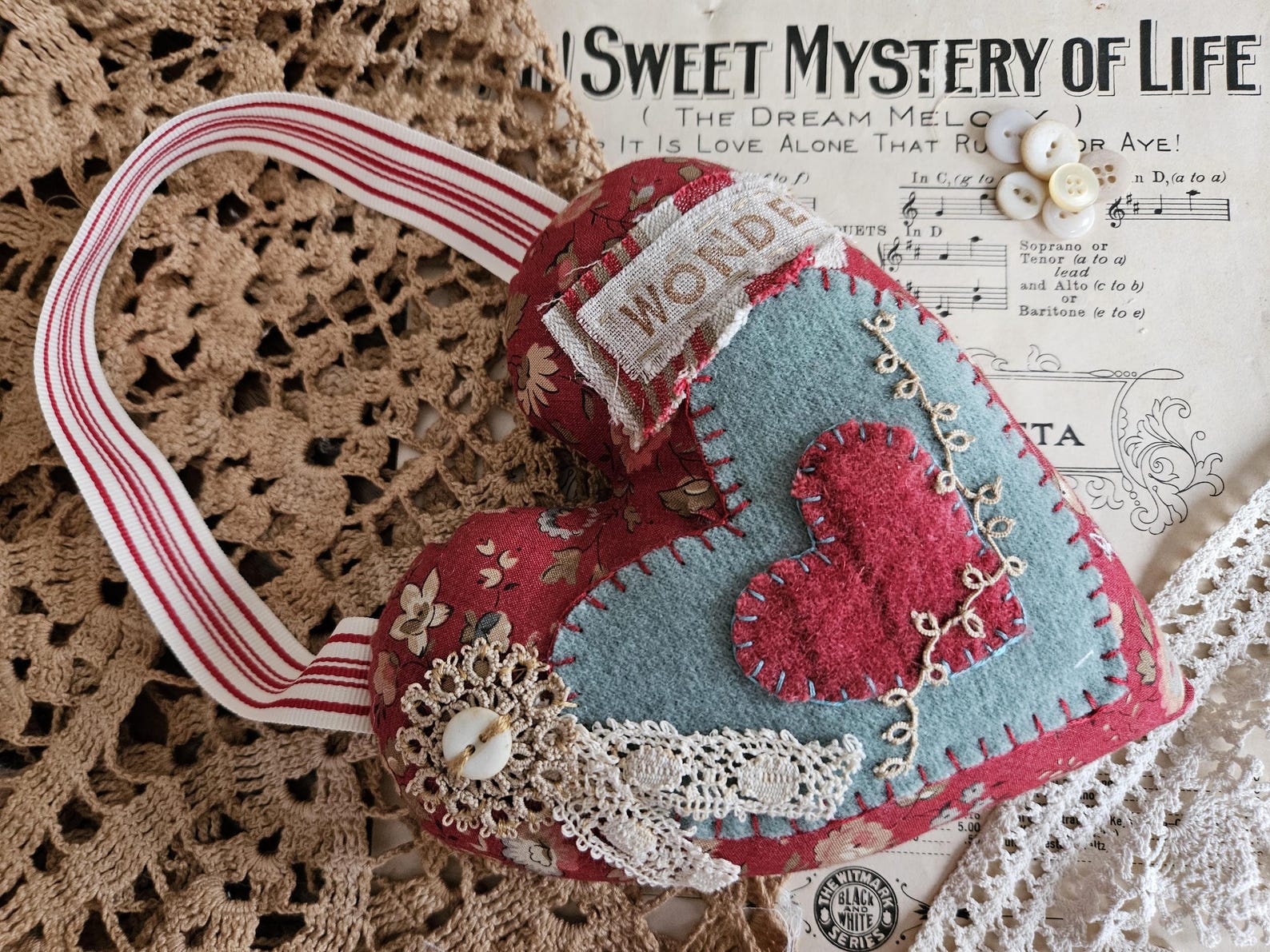 Fabric Hanging Heart Made With Vintage Linen, Buttons, Lace and Wool ...